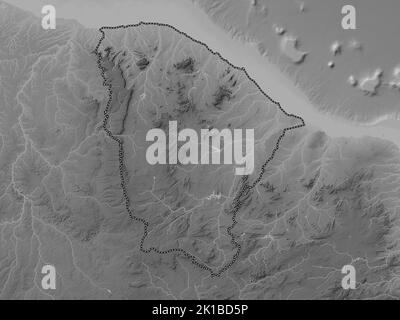 Ceara, state of Brazil. Grayscale elevation map with lakes and rivers. Locations and names of ...