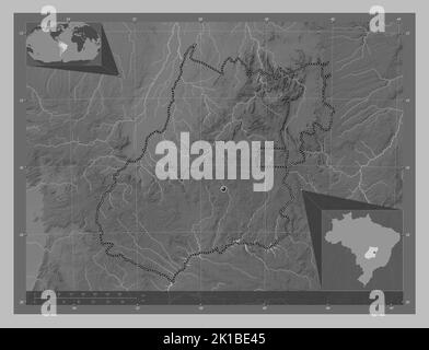 Goias, state of Brazil. Grayscale elevation map with lakes and rivers ...