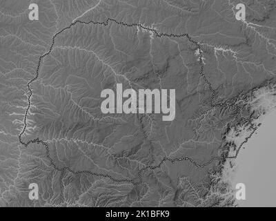 Parana, state of Brazil. Grayscale elevation map with lakes and rivers. Locations and names of ...