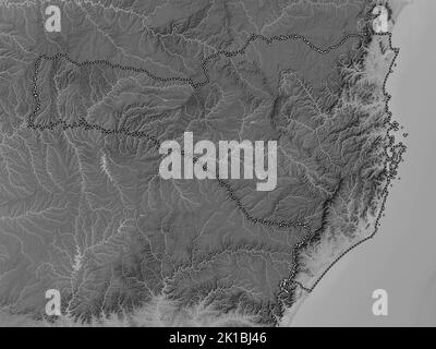 Santa Catarina, state of Brazil. Grayscale elevation map with lakes and rivers. Corner auxiliary ...