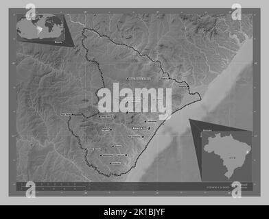 Sergipe, state of Brazil. Grayscale elevation map with lakes and rivers ...