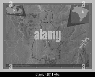 Tocantins, state of Brazil. Grayscale elevation map with lakes and ...