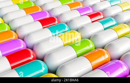 Vitamin Capsules with different colors in line. 3D Rendering Stock ...