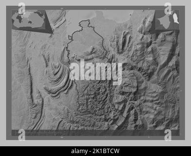 Temburong, district of Brunei. Grayscale elevation map with lakes and ...