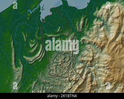 Temburong, district of Brunei. Colored elevation map with lakes and ...