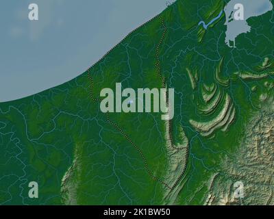 Tutong, district of Brunei. Colored elevation map with lakes and rivers ...