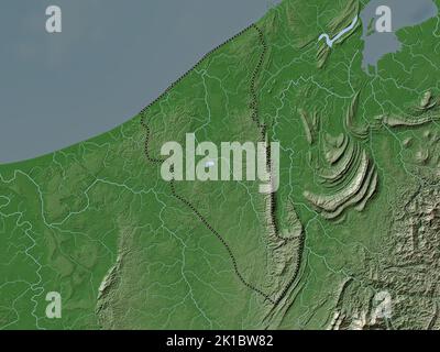 Tutong, district of Brunei. Colored elevation map with lakes and rivers ...