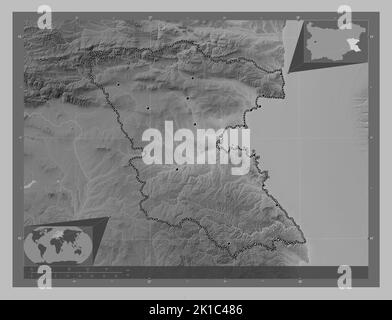 Burgas, province of Bulgaria. Grayscale elevation map with lakes and ...