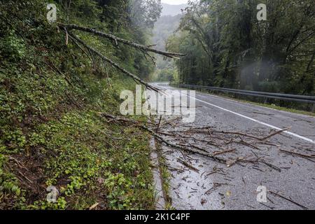 County road closed after landslide due heavy rains, near village Brod ...