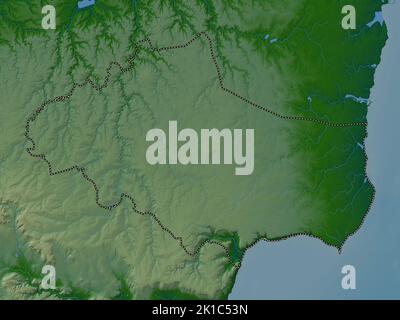 Dobrich, province of Bulgaria. Elevation map colored in sepia tones ...