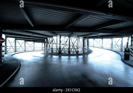 View of the exit of a symmetrical round car park, Sindelfingen, Germany ...