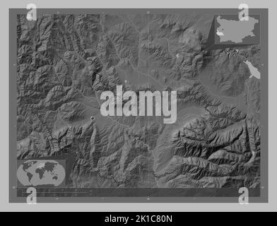 Kyustendil, province of Bulgaria. Grayscale elevation map with lakes ...