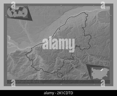 Ruse, province of Bulgaria. Grayscale elevation map with lakes and ...
