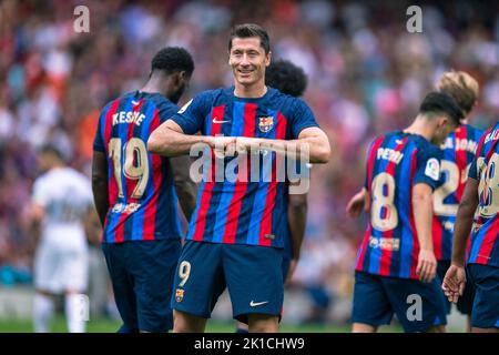 Robert Lewandowski of FC Barcelona celebrates after scoring goal during ...