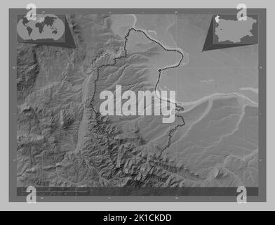Vidin, province of Bulgaria. Grayscale elevation map with lakes and ...