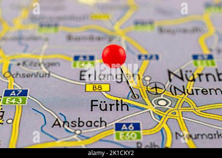 Fürth map. Close up of Furth map with red pin. Map with red pin point ...