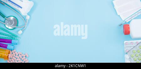 pills syringes stethoscope and test tubes on black background abstract ...