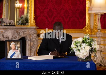 Premier of Montserrat, Joseph E Farrell, signs a book of condolence at ...