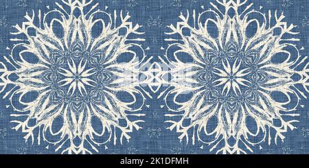 Farmhouse blue snow flake border background. Frosty batik french effect ...