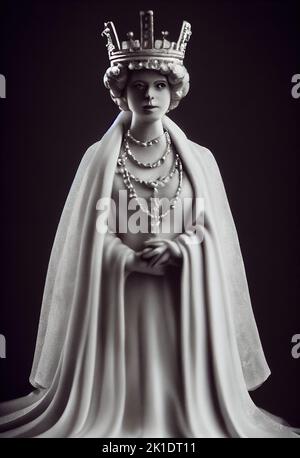 A vertical grayscale clay figurine of young Queen Elizabeth II lying in ...