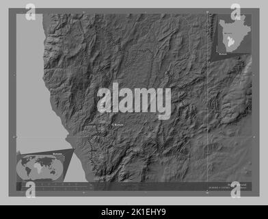 Bururi, province of Burundi. Grayscale elevation map with lakes and ...