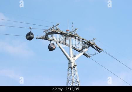 A low angle shot of cable cars in the air on blue sky background Stock ...