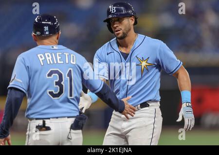 Tampa Bay Rays hitting coach Derek Shelton gestures as he talks to Ben ...