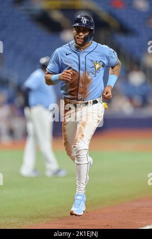 Tampa Bay Rays' Jose Siri (22) is congratulated by Osleivis Basabe for ...