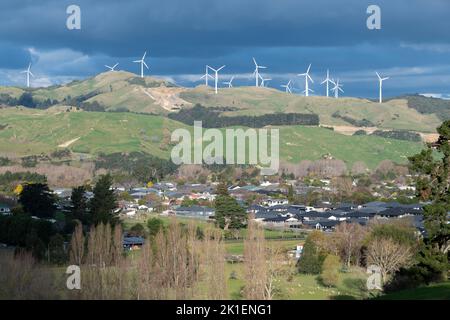 Wind turbines above Ashurst, Tararua District, North Island, New ...