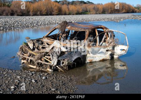 Wrecked car in Pohangina River, Ashurst, Manawatu, North Island, New ...