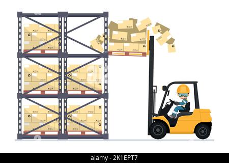 Forklift accident. Fork lift truck colliding with the warehouse rack ...