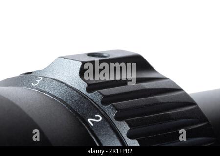 Bump on the magnification ring of a rifle scope isolated on white Stock ...