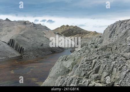 coastal cliffs formed by columnar basalt at low tide Stock Photo - Alamy