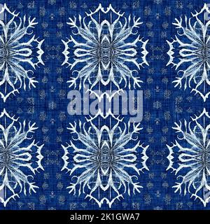 Indigo blue snow flake pattern background. Frosty batik painterly ...