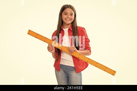 happy child hold ruler study mathematics at school isolated on white ...