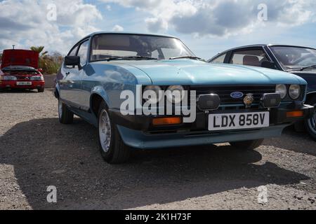 Exeter, UK-August 2022: Close up of a Ford Capri Ghia from May 1980 ...