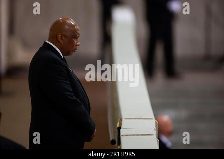 King of Lesotho, Letsie III views the coffin of Queen Elizabeth II ...