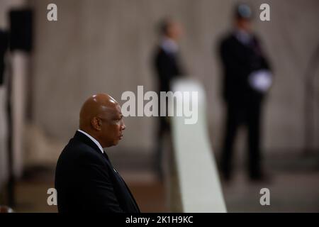 King of Lesotho, Letsie III views the coffin of Queen Elizabeth II ...