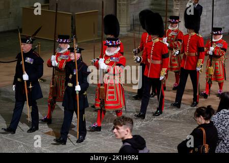Royal guards change duties as the coffin of Queen Elizabeth II, lies in ...