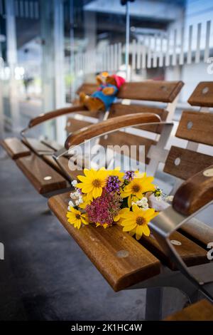 Paddington Bear bench at Paddington station in London, United Kingdom ...