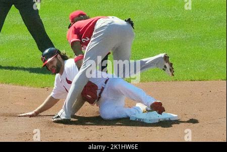 St. Louis Cardinals' Alec Burleson tosses his bat after hitting a three ...