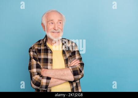 Photo of pretty thoughtful man pensioner dressed denim vest hand arm ...