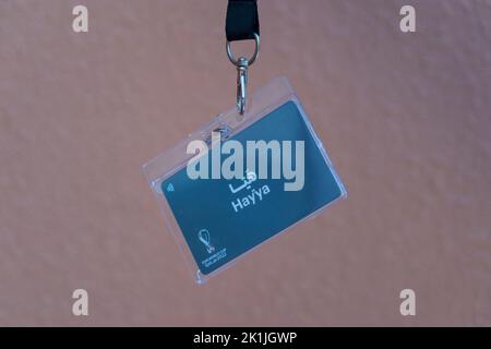 Doha, Qatar - September 18, 2022: Girl hand holding Hayya Card which is ...