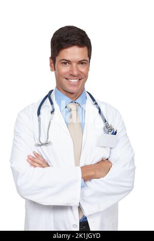 Studio shot of young man doctor wearing eyeglasses while pointing ...