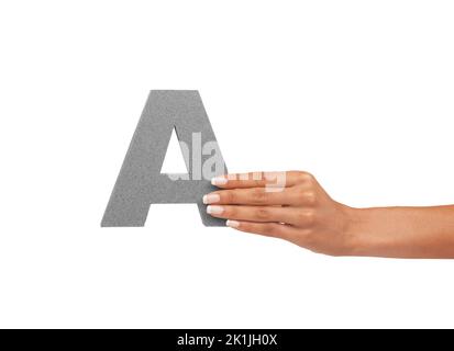 Woman showing letter A on white background, closeup. Sign language ...