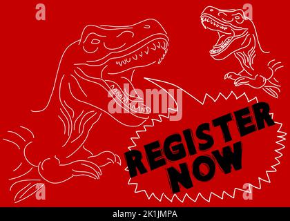 Dinosaur with speech bubble saying Register Now word. Tyrannosaurus Rex ...