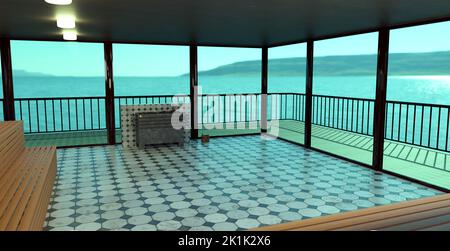 A modern sauna room with lovely view, 3D illustration Stock Photo - Alamy