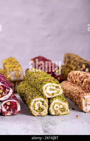 Mixed Turkish delight. Assortment of Turkish delight with pistachio on ...