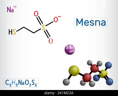 Mesna drug molecule. Structural chemical formula, molecule model. Sheet ...