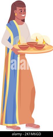Indian woman carrying diwali diya 2D linear cartoon character Stock ...